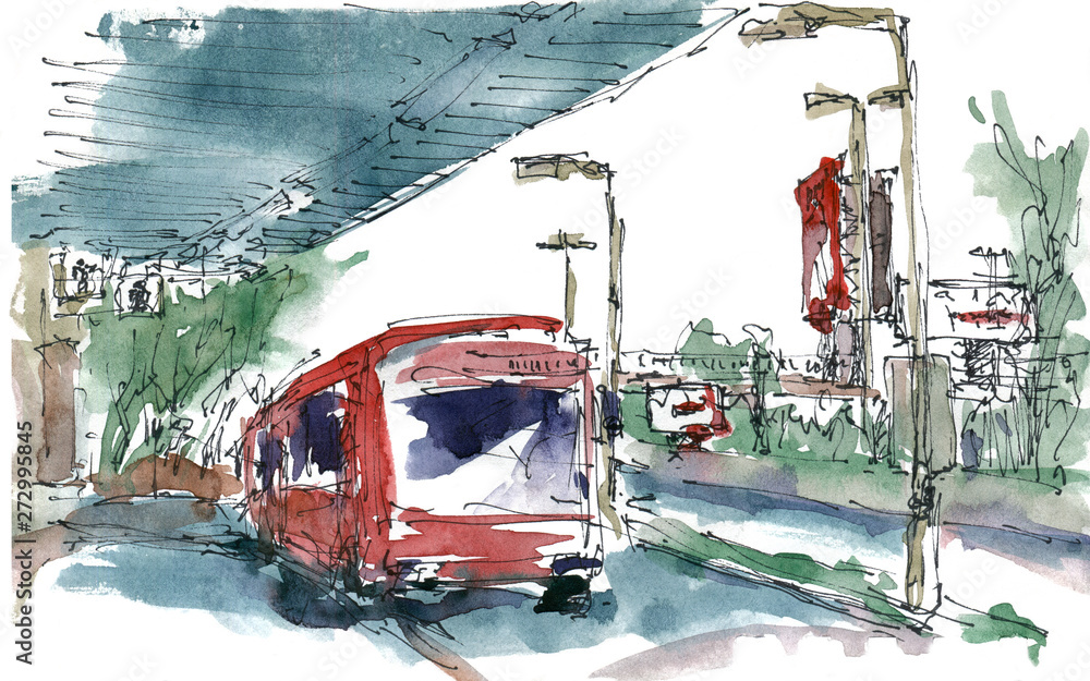 Red bus on bus station, urban watercolor and ink sketch about city life ...