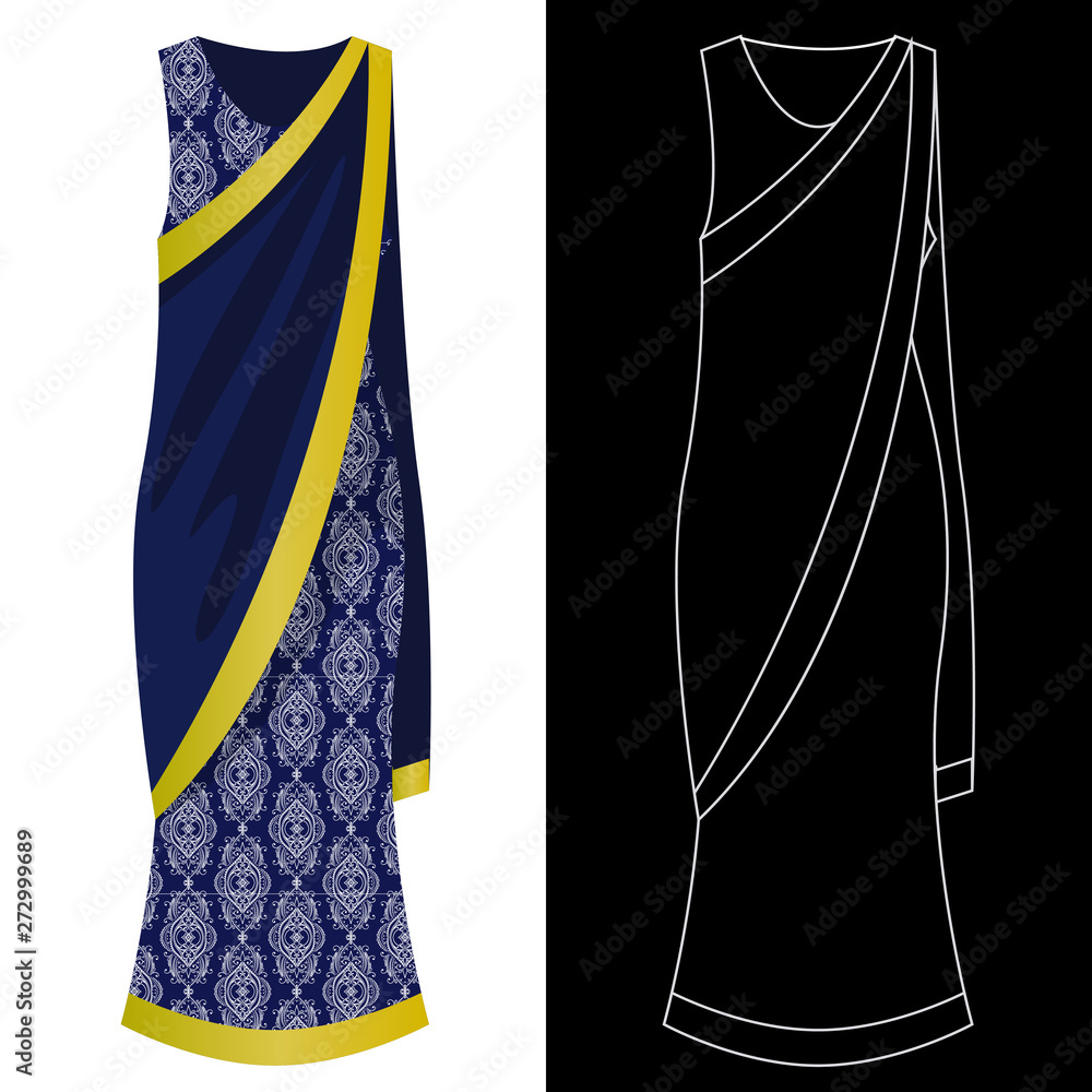 Sari dress image with white outline silhouette on black Stock Vector ...