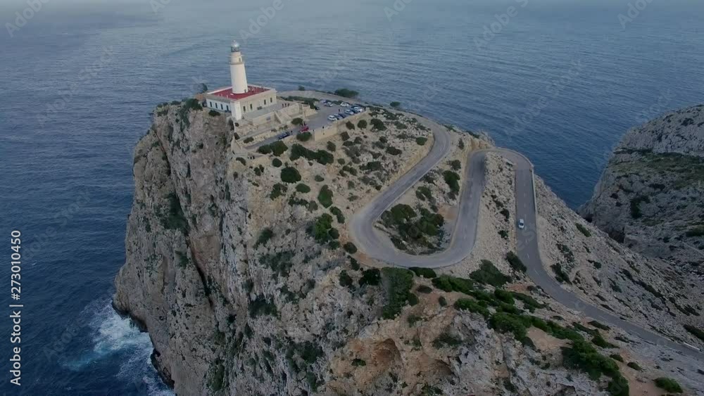 Aerial view of a lighthouse named Faro de Formentor, located in Cap de ...