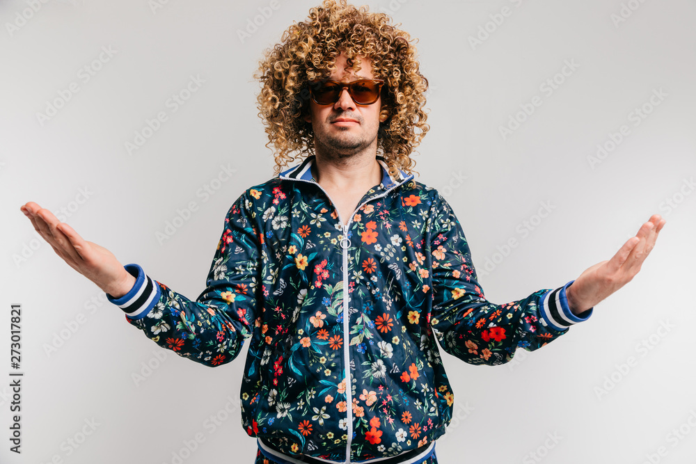 Portrait of adult amish male in clothes of 80s posing in studio with ...