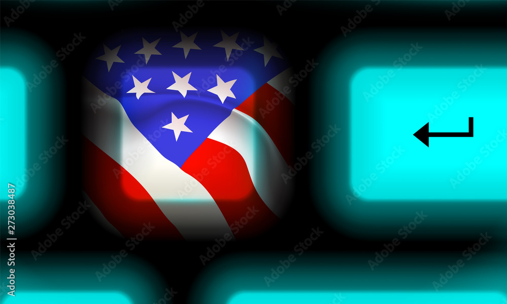 American flag button in neon computer keyboard on black background. Up ...