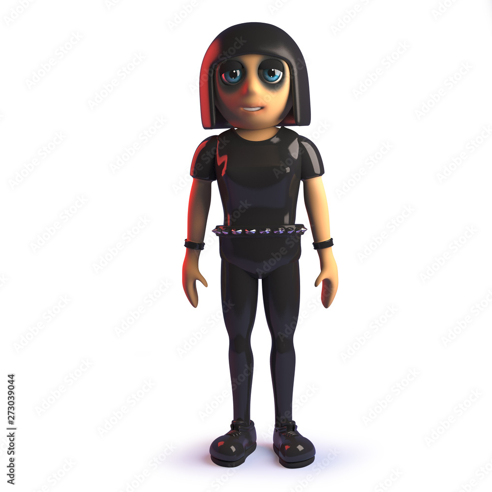 3d cartoon goth girl in leather jumpsuit standing calmly at attention ...