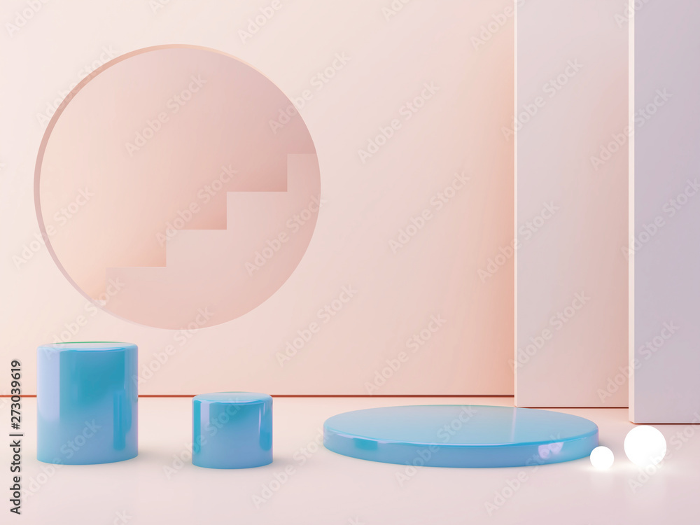 3d render. Minimal scene with podiums to show a product. Pastel colors ...