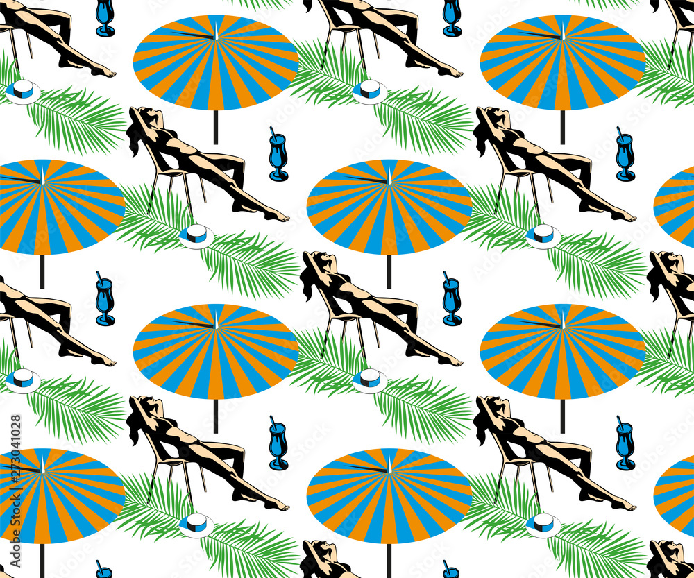 Beautiful woman tanning, with sunglasses, hat, at the beach, retro ...