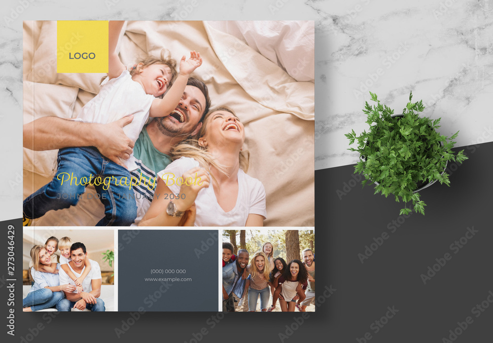 Square Photography Album Layout with Dark Green and Yellow Accents ...