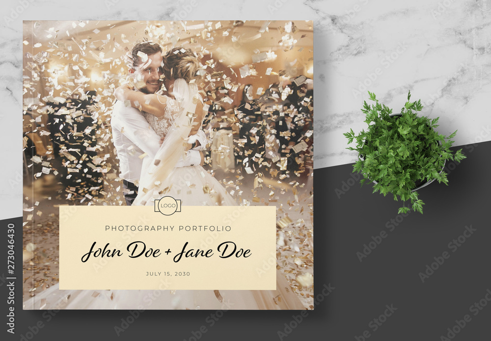 Square Photo Album Layout with Peach Accents Stock Template | Adobe Stock