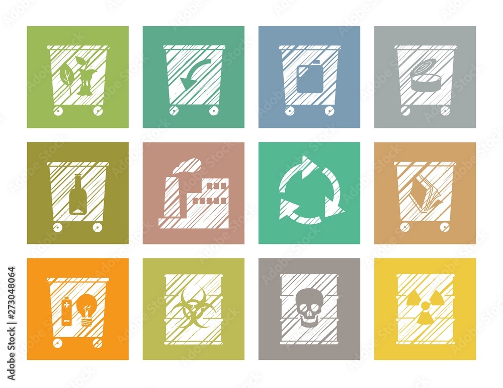 Waste collection and disposal, flat icons, colored, square, pencil ...