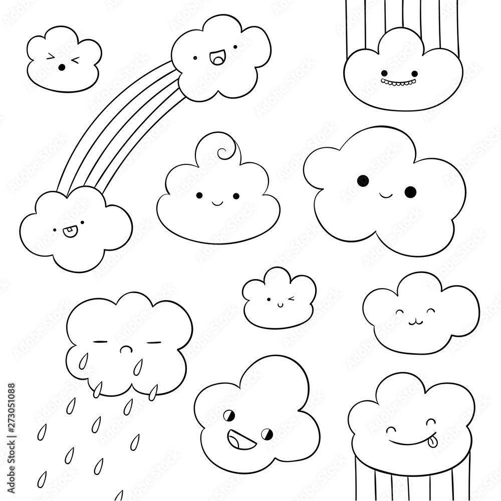 Set of cute kawaii clouds in doodle style. Outline cloud with funny ...