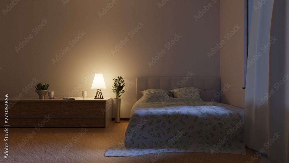 Night scene of a hotel room with a bed and lamp on a table. Bedroom ...