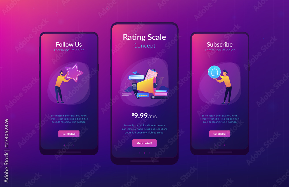 Megaphone and businessmen rate with stars and thumb up icons. Rank and ...