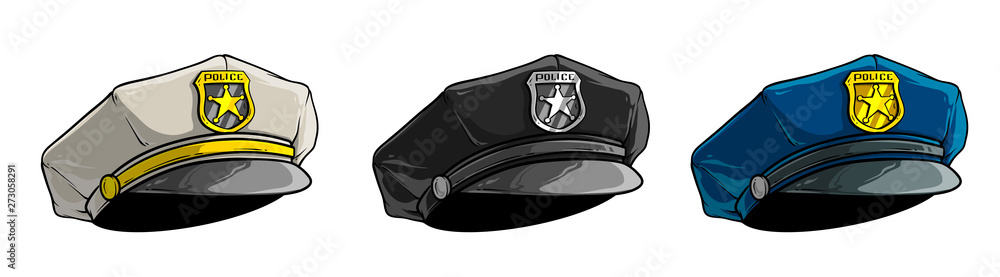Cartoon colorful police peaked cap with golden badge and star. Isolated ...