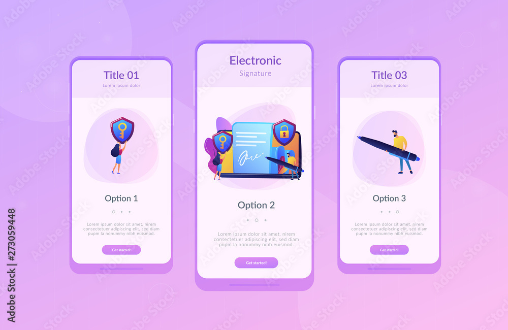 Businessman putting electronic signature on document, security shields ...