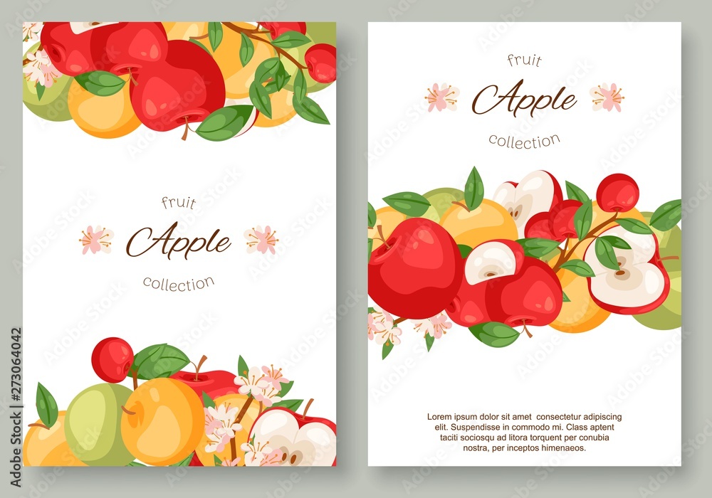 Apples fruit collection set of posters vector illustration. Bright ...
