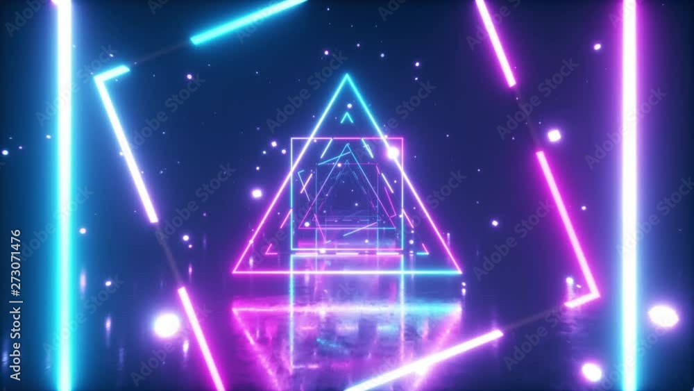 Abstract flight in space through glowing rotating neon squares and ...
