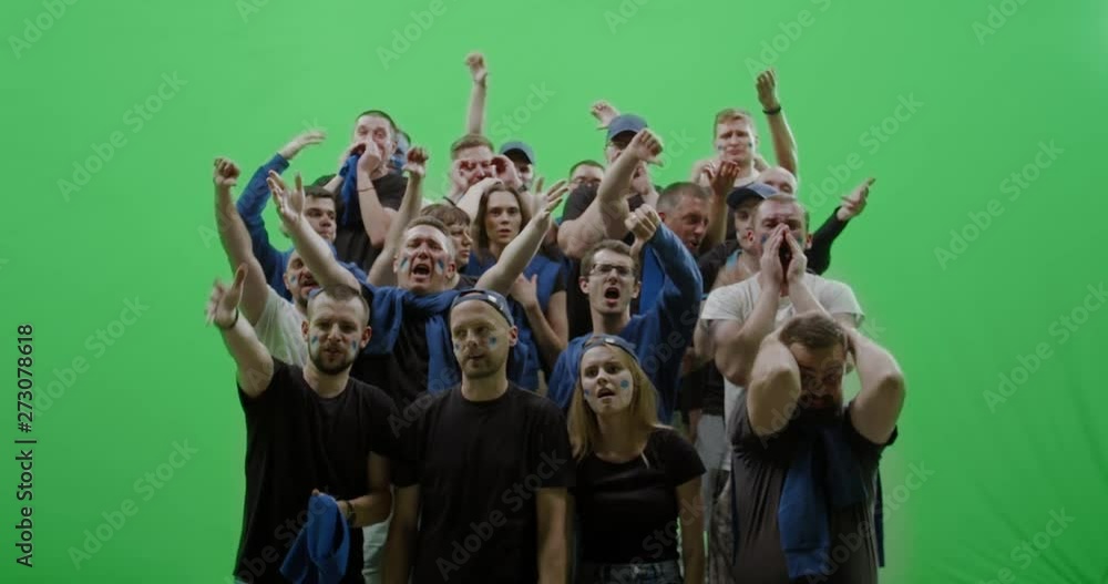 GREEN SCREEN CHROMA KEY Front view group of people fans wearing blue ...