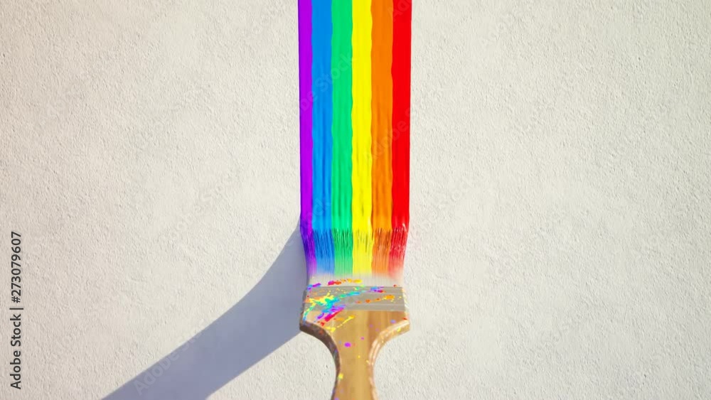 Paintbrush leaving stripe of colorful paint on a white wall. Lgbt ...