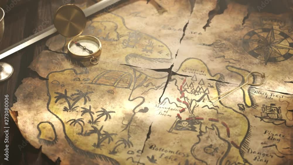 Funny hand-drawn ancient map with animated drawings. Treasure chest ...