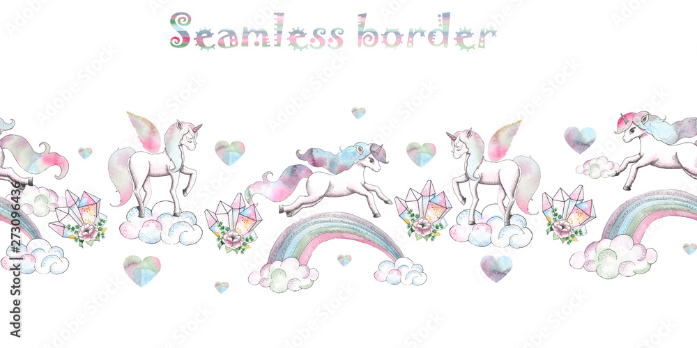Watercolor handpainted seamless borders with unicorns, crystals ...