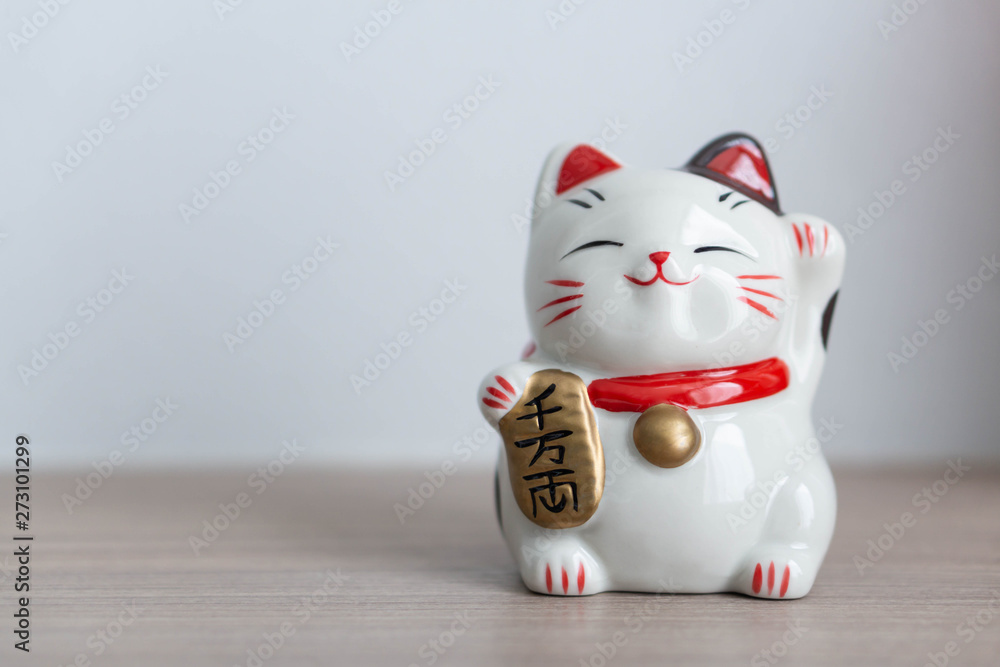 Maneki neko lucky cat show text on hand meaning rich on wood table ...
