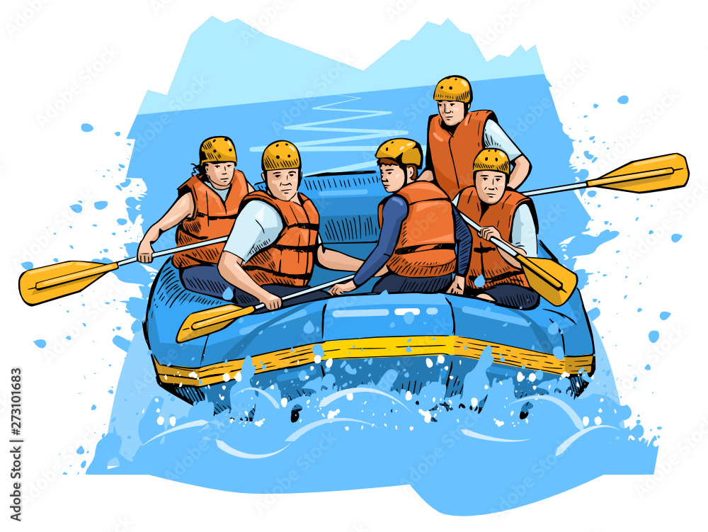 Vector illustration of a rafting team. Beautiful sport themed poster ...