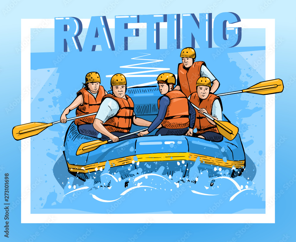 Vector illustration of a rafting team. Beautiful sport themed poster ...