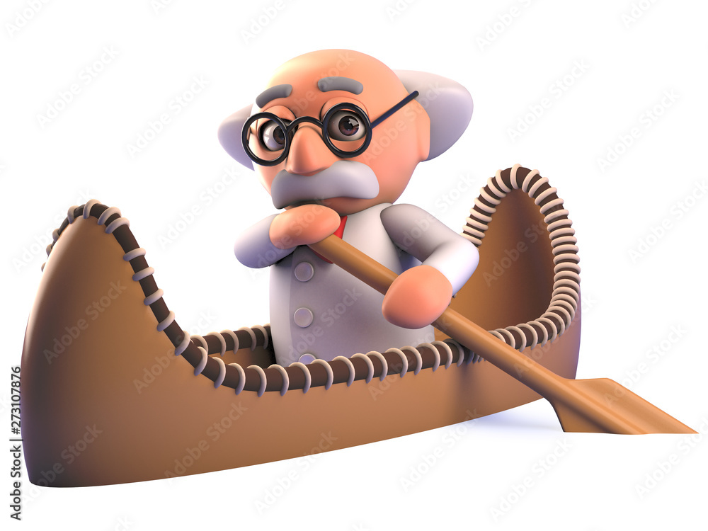 Cartoon mad scientist professor in 3d rowing a kayak canoe Stock ...