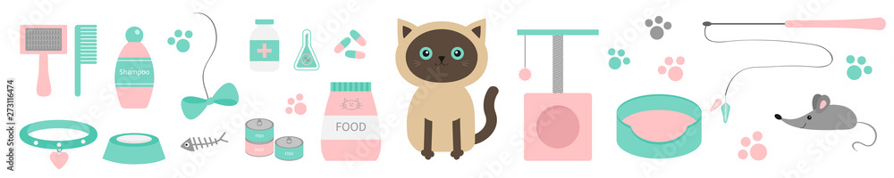Cute kawaii siamese cat. Stuff line set. Paw print, scrathing rope post ...
