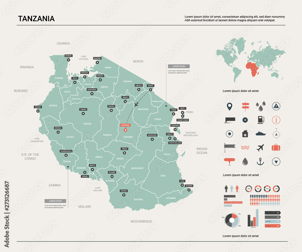 Vector map of Tanzania. Country map with division, cities and capital ...