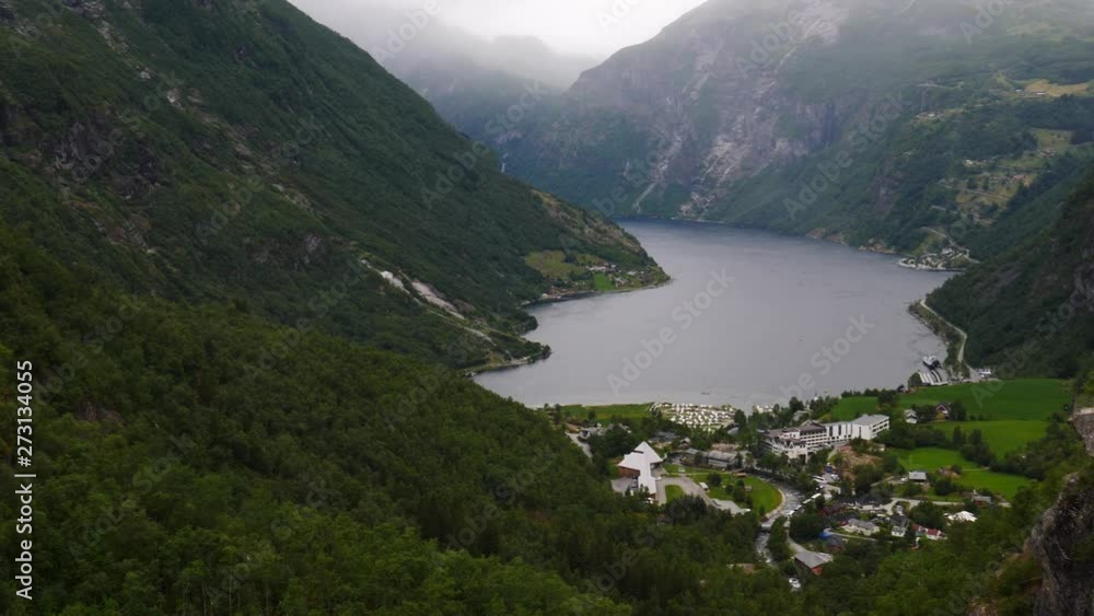 Geiranger village and fjord Geirangerfjord from Flydalsjuvet viewpoint ...