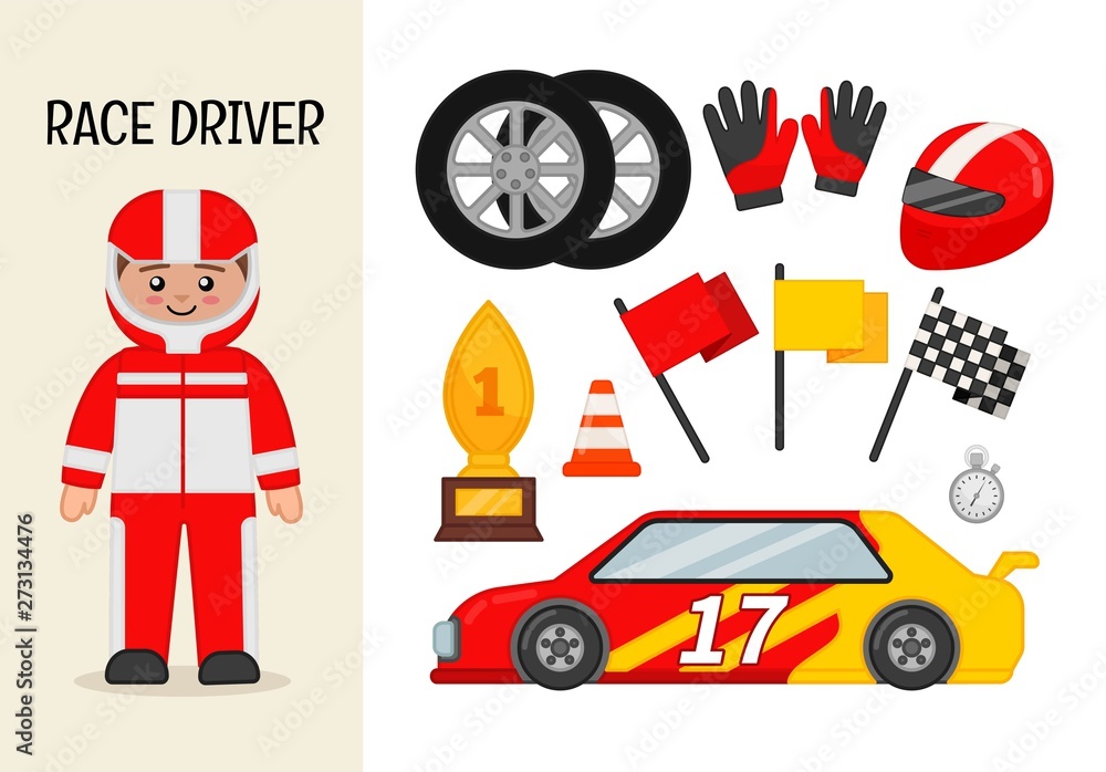 Vector character race driver. Illustrations of race driver equipment ...