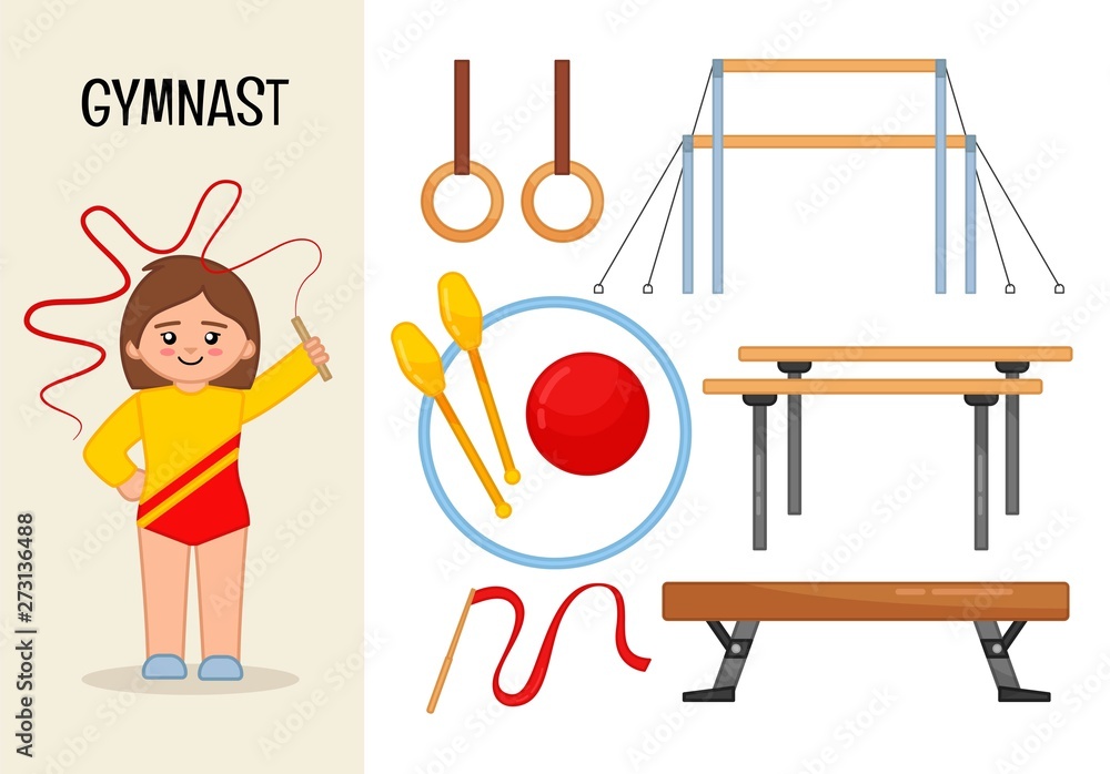 Vector character gymnast. Illustrations of gymnast equipment. Set of ...