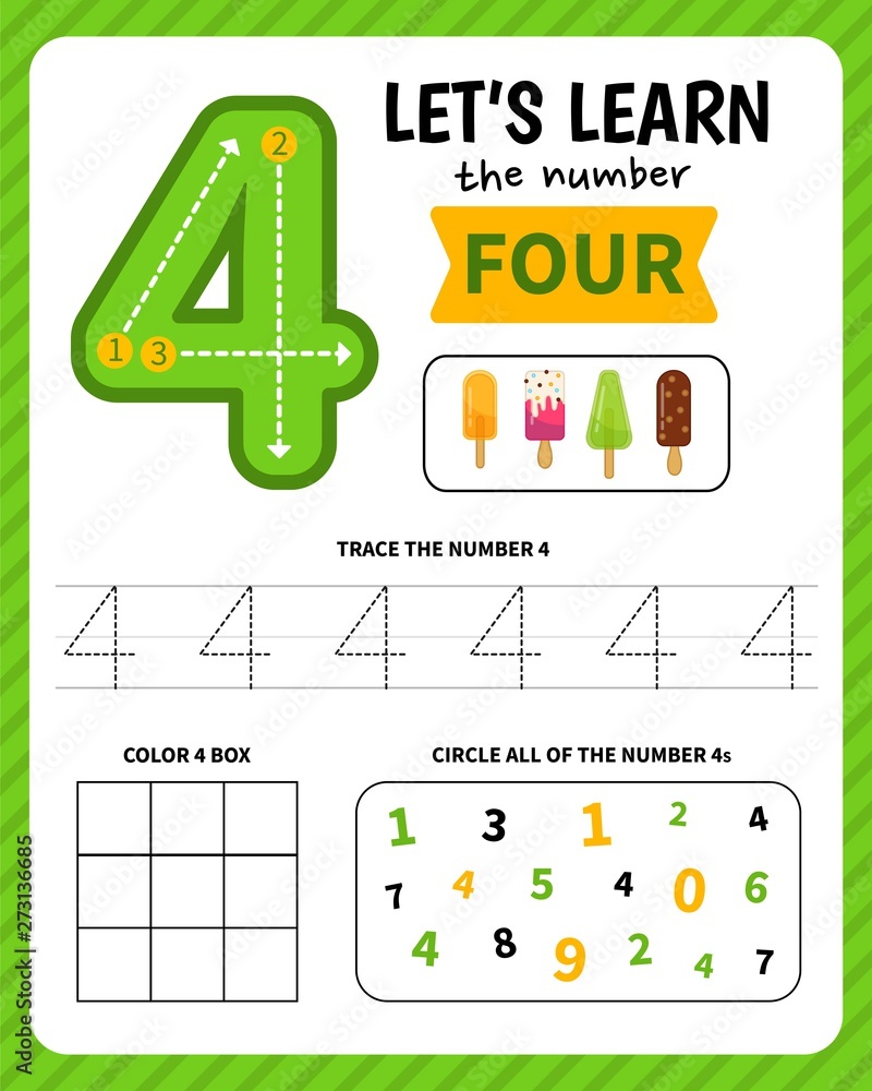 Kids learning material. Worksheet for learning numbers. Number 4 ... Kids learning material. Worksheet for learning numbers. Number 4 ...