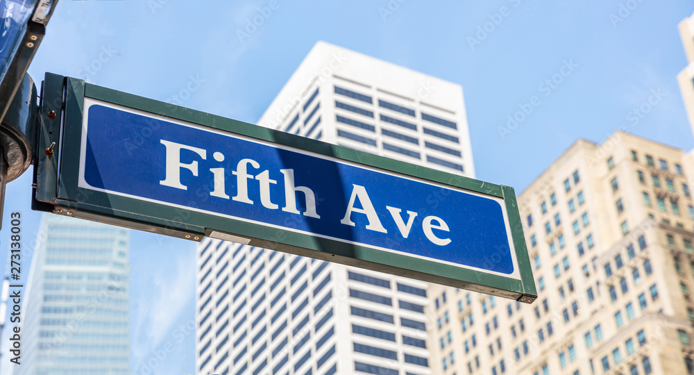 5th ave, Manhattan New York downtown. Blue color street signs, Stock ...