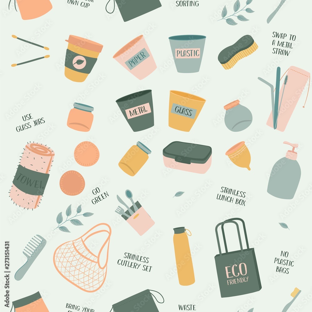 Hand Drawn Zero Waste Element Seamless Pattern Background. Eco Green ...