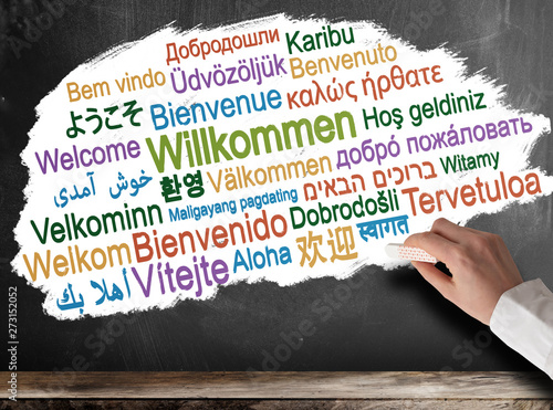 WELCOME in different languages word cloud on chalkboard Stock Photo ...