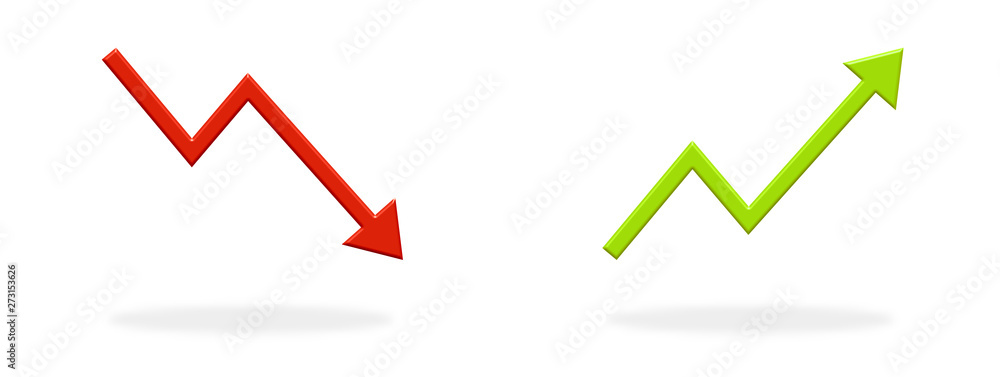 Steigender Verlauf mit grünem Pfeil und fallender roter Pfeil als ...