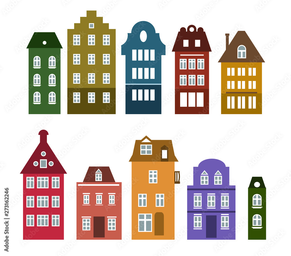 Set of Amsterdam style colored houses. Colorful of row typical dutch ...