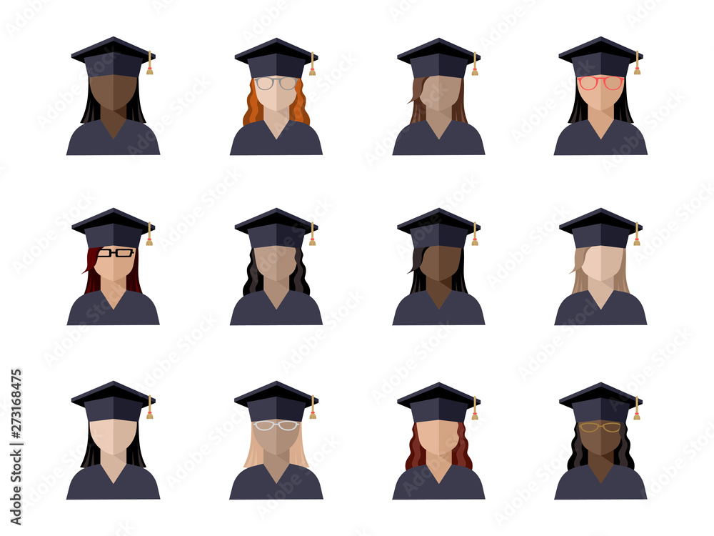 set of students girl in a graduate cap of different races ...