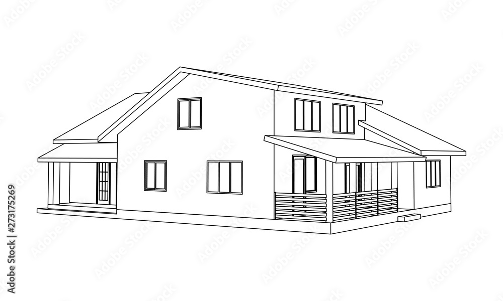Building perspective 3D. Drawing of the suburban house. Outlines ...