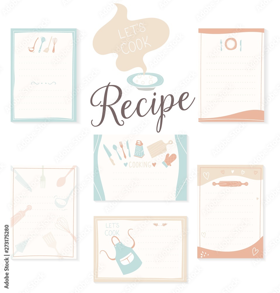 Retro recipe card template set for cookbook. Menu creator vector ...