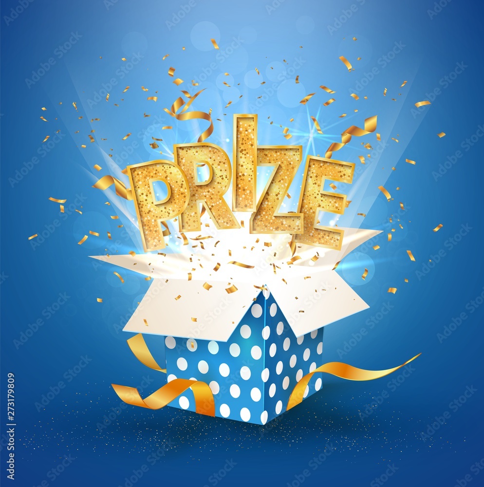 PRIZE gold text. Open textured blue box with confetti explosion inside ...