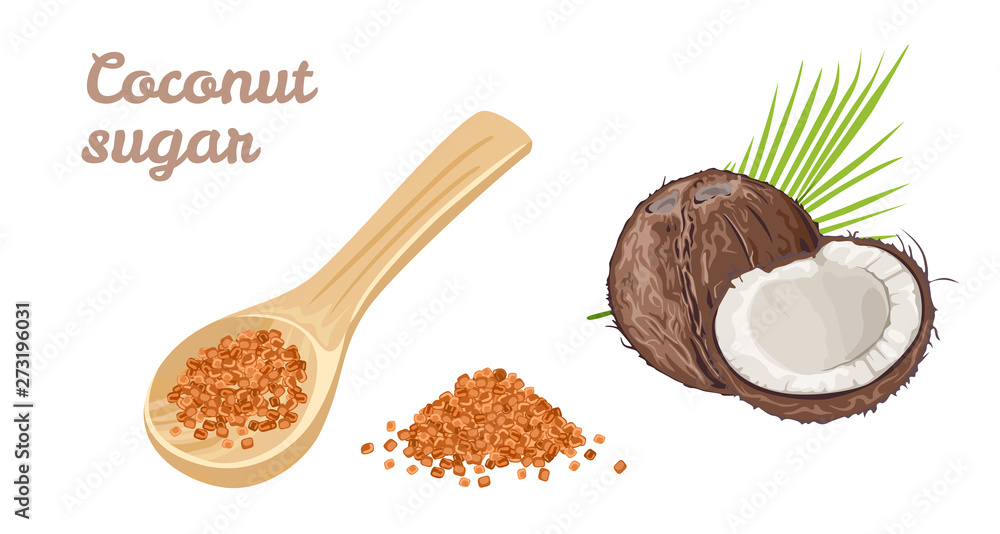 Coconut sugar set. Natural healthy sweetener in a wooden spoon, whole ...