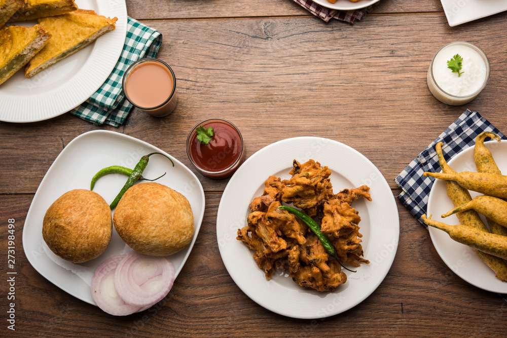 Indian Tea time snacks in group includes Veg Samosa, Kachori/kachaudi ...