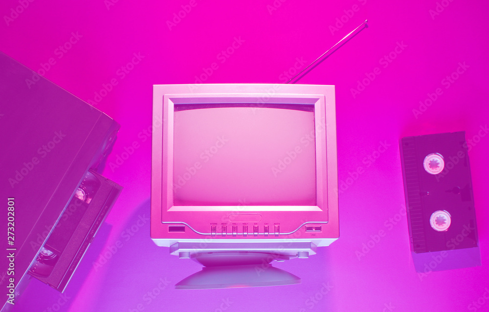 Retro wave, 80s concept. Video player with vhs cassette, old tv, neon ...
