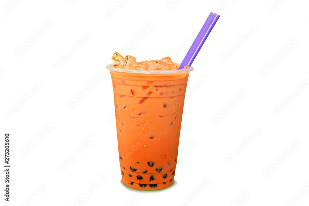 Pearl Bubble milk tea with ice in plastic cup isolated on white ...