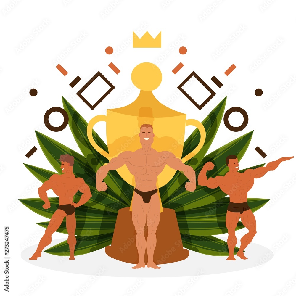 Men winning trophy or cup banner vector illustration. Muscle ...