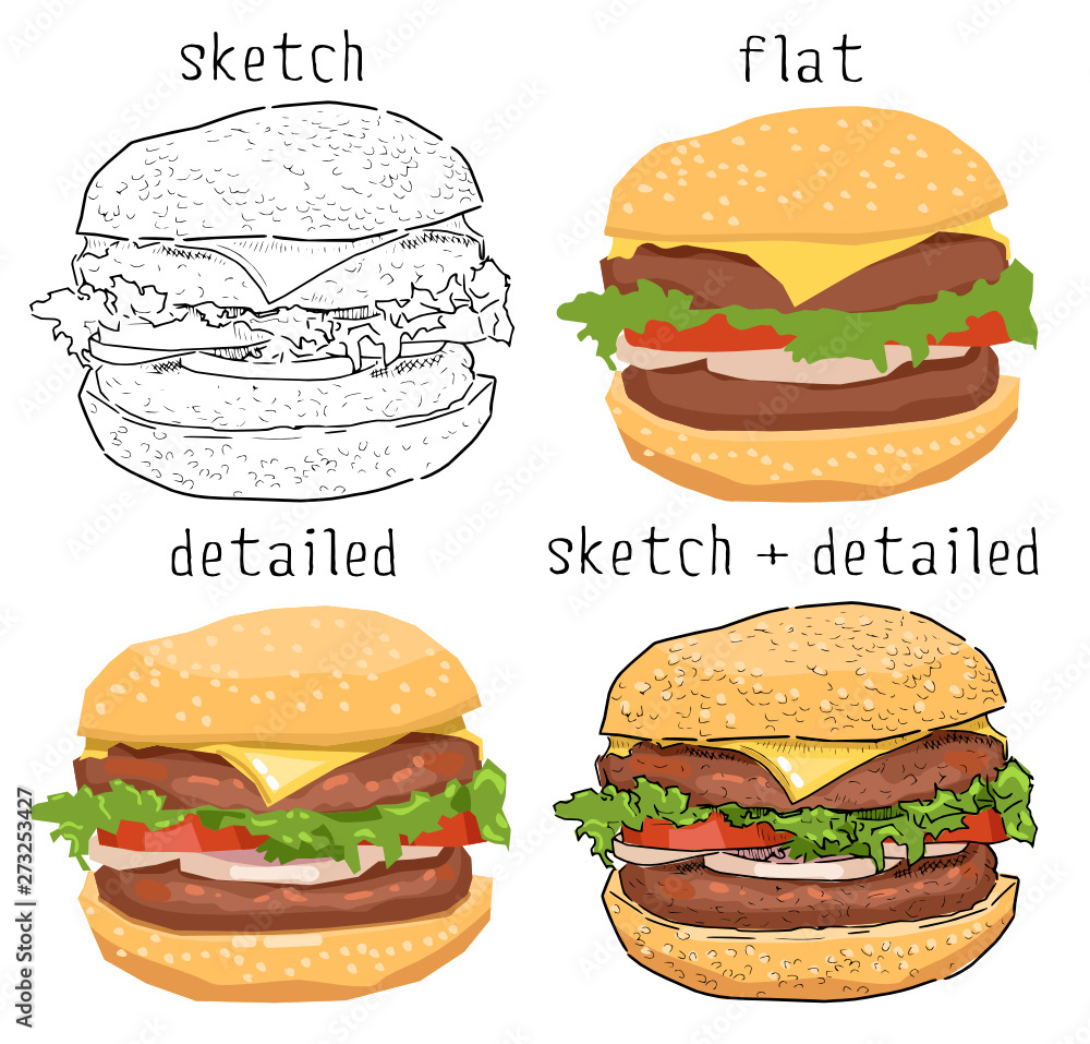 Vector illustration of a hamburger drawn in different styles. Fast food ...
