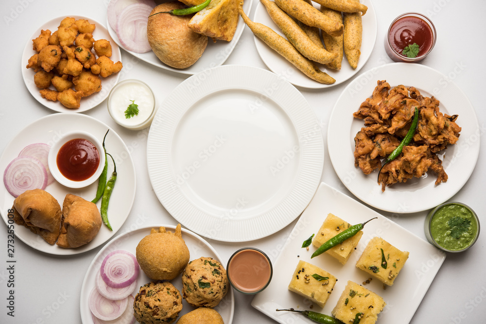 Indian Tea time snacks in group includes Veg Samosa, Kachori/kachaudi ...