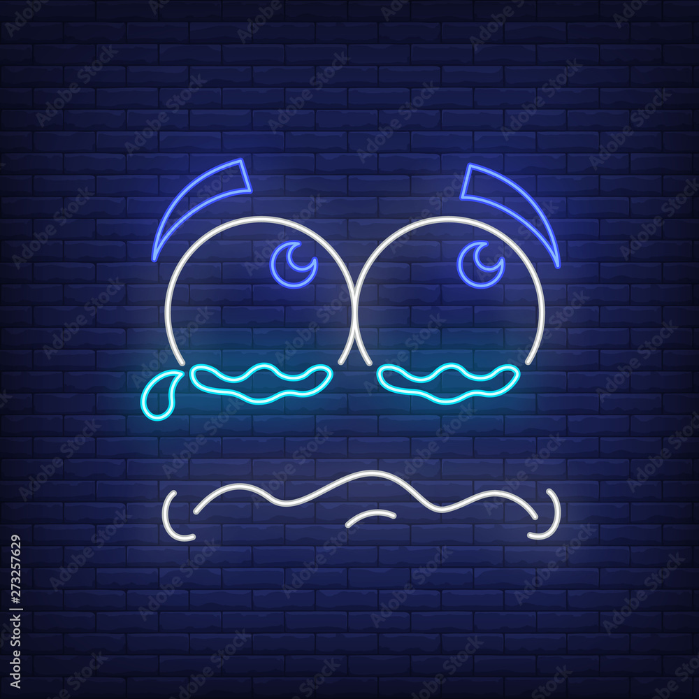 Weeping emoticon neon sign. Face expression, sadness, problem, emotion ...