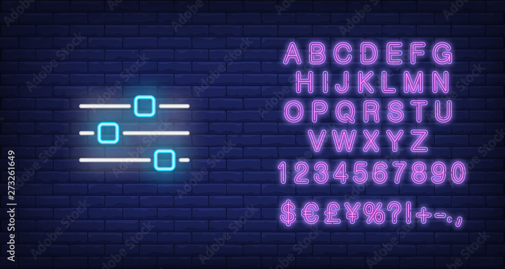Mixing console neon sign. Luminous signboard with faders on DJ mixer ...